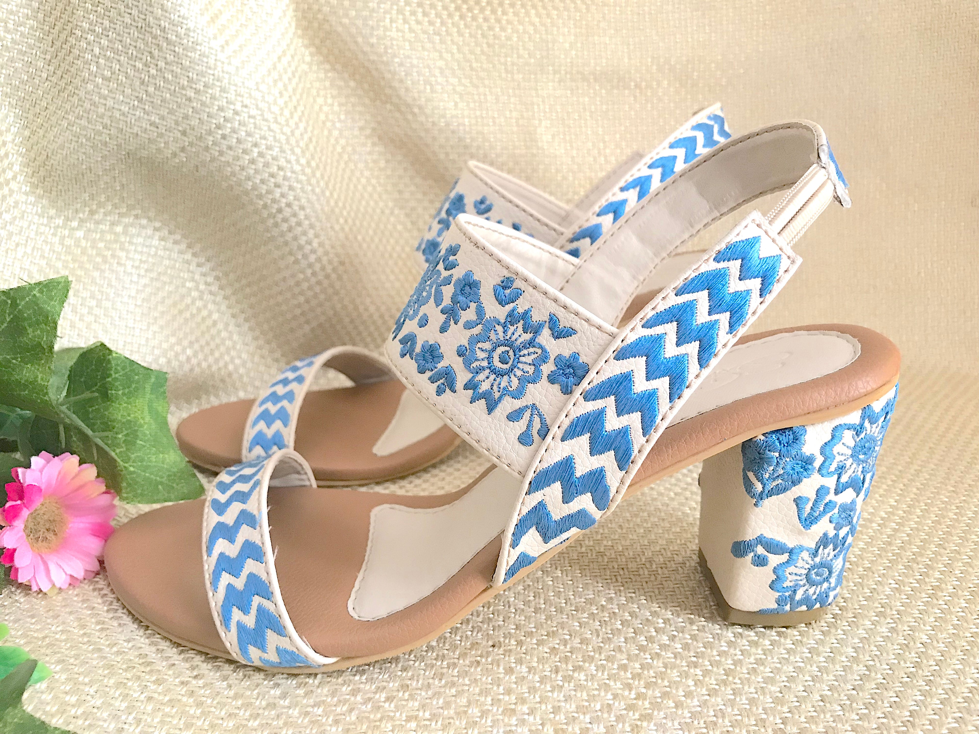 Crème & Blue Block Heels – Solehouse.in